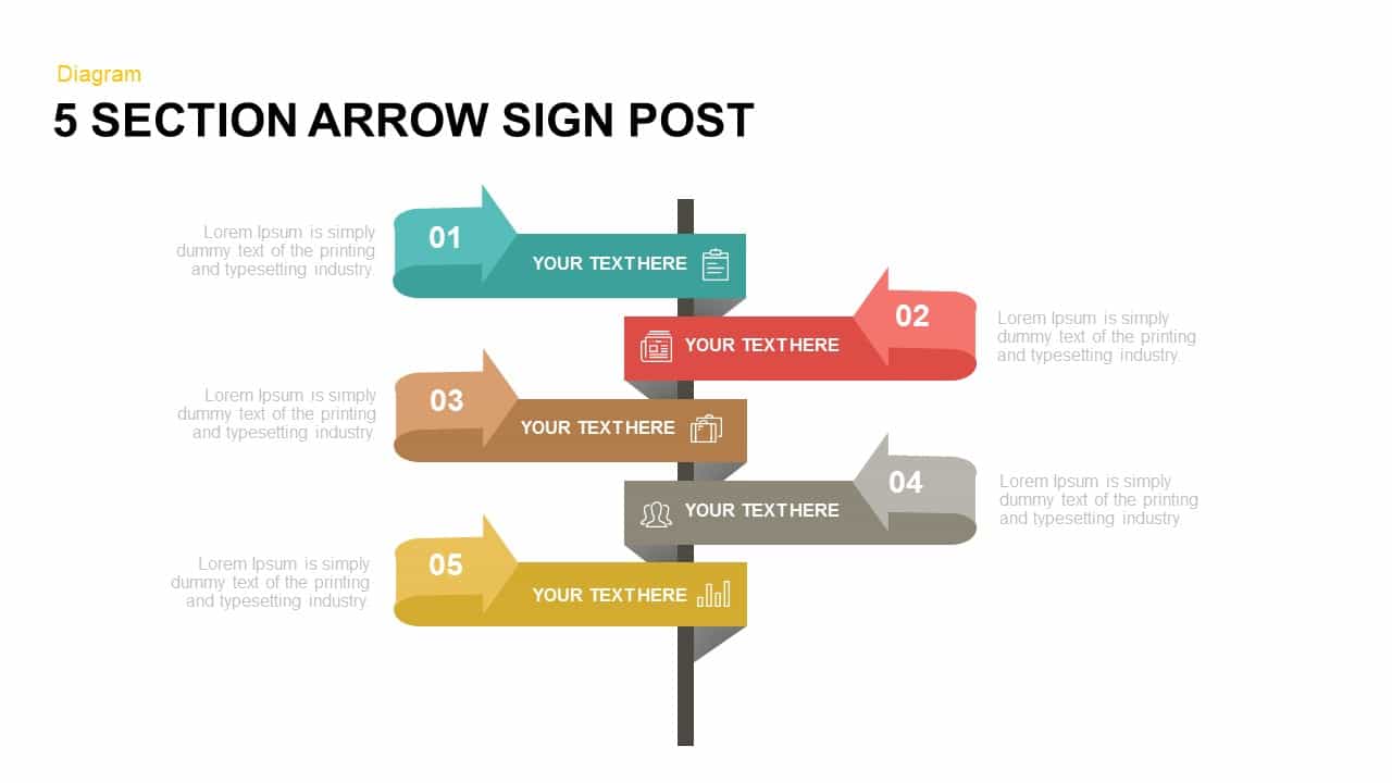 5 Section Arrow Sign Post Template for PowerPoint and Keynote