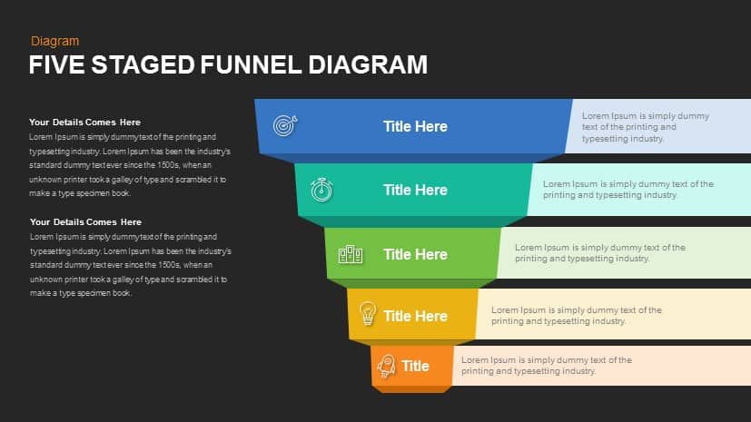 5 Staged Funnel Diagram PowerPoint Template and Keynote Slide